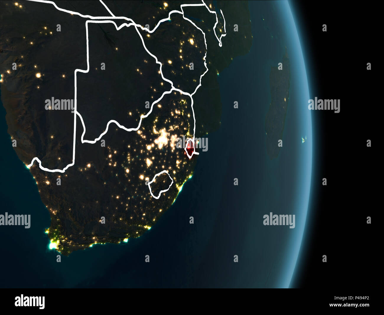 Map of Swaziland in red as seen from space on planet Earth at night ...