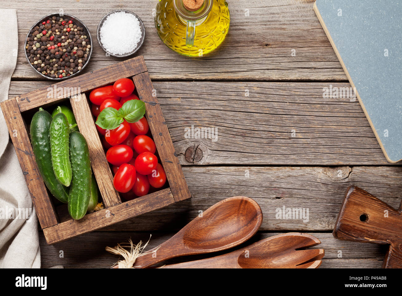 Cooking ingredients. Vegetables and spices. Top view with space for ...