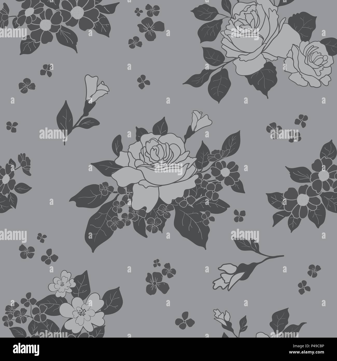 Seamless monochromatic gray scale luxury pattern - roses in blossom on ...