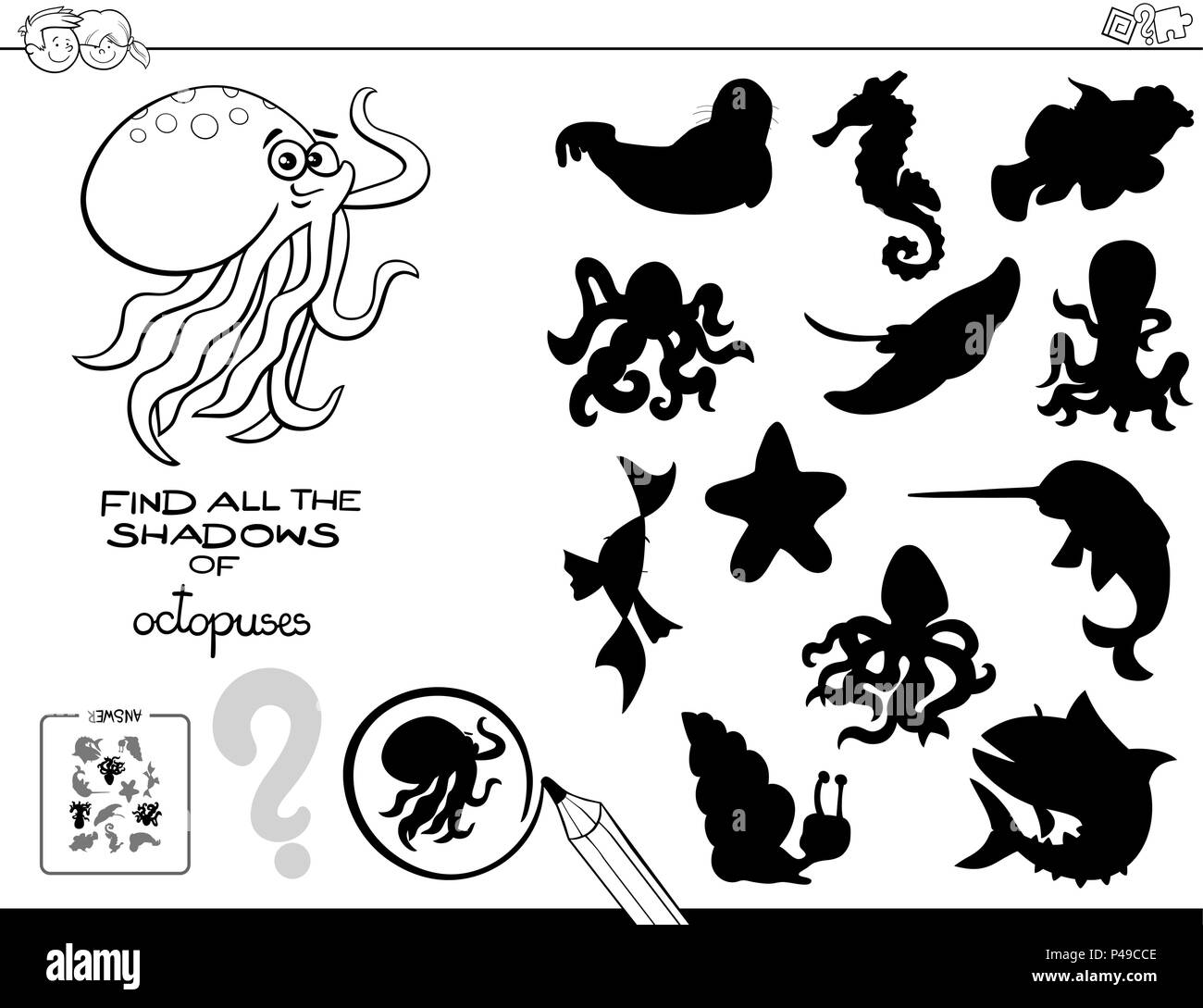 Black and White Cartoon Illustration of Finding All The Shadows of ...