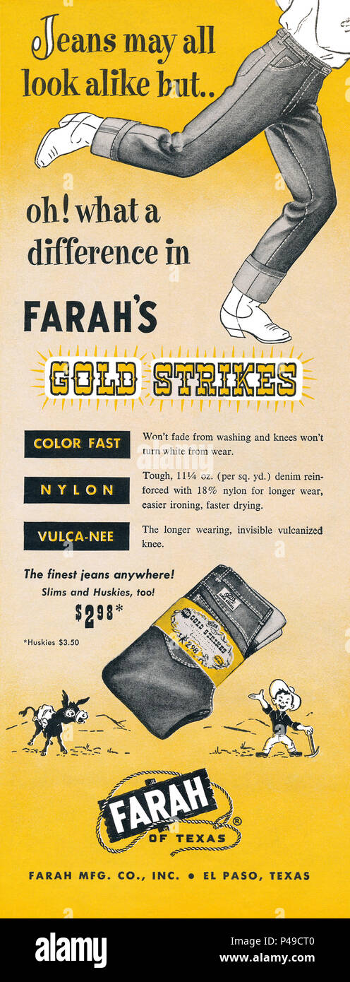 1955 U.S. advertisement for Farah Gold Strikes jeans Stock Photo - Alamy