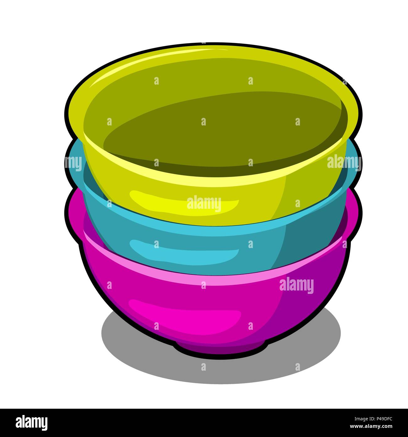 A stack of polymer bowls of different colors isolated on a white ...