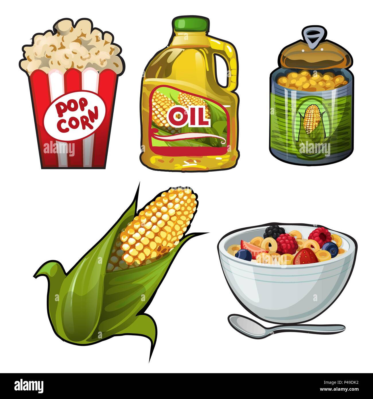 Set of tasty and useful food of corn isolated on white background ...