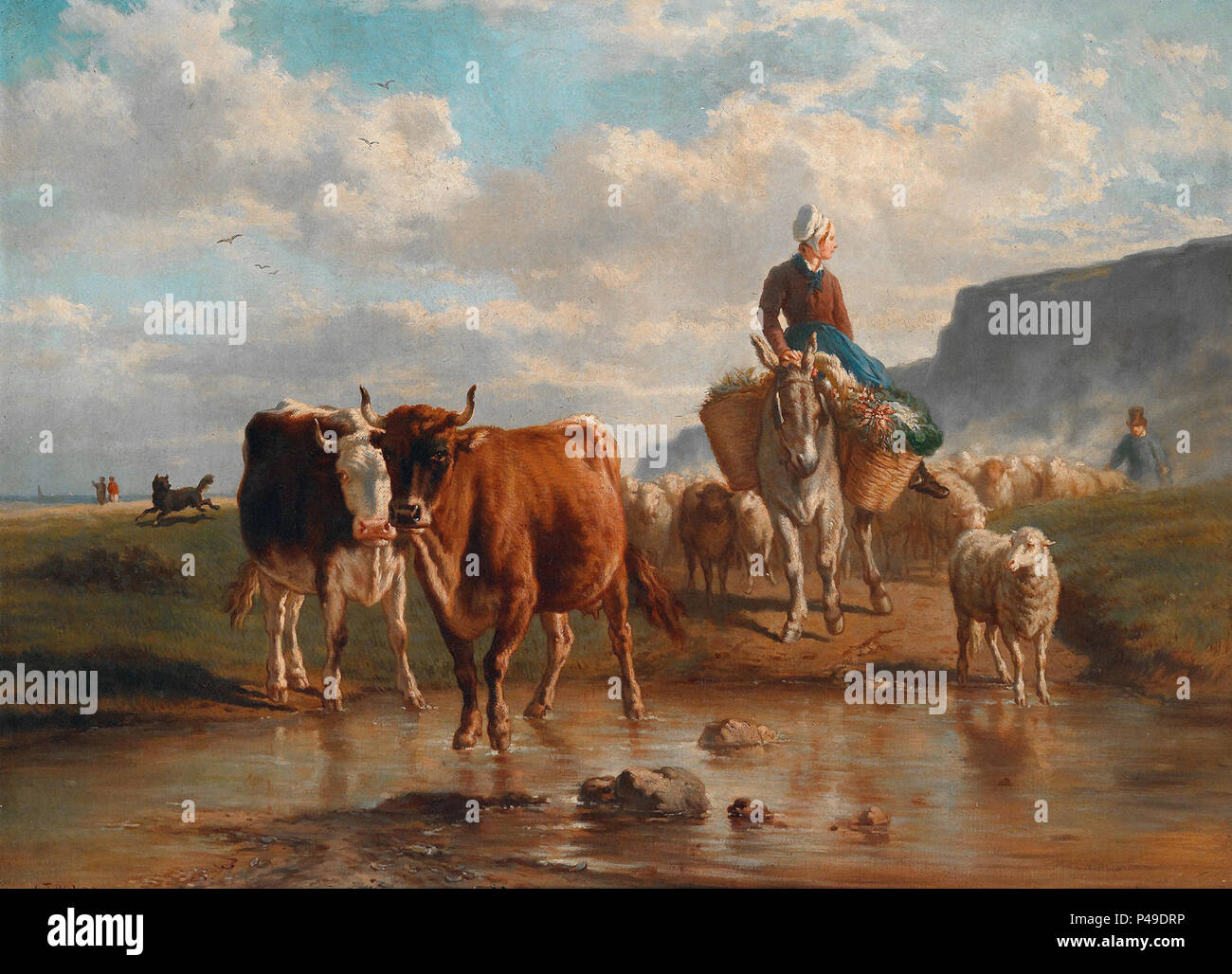 Troyon Constant - Herderspaar Met Muilezel Koeien En Schapen Stock ...