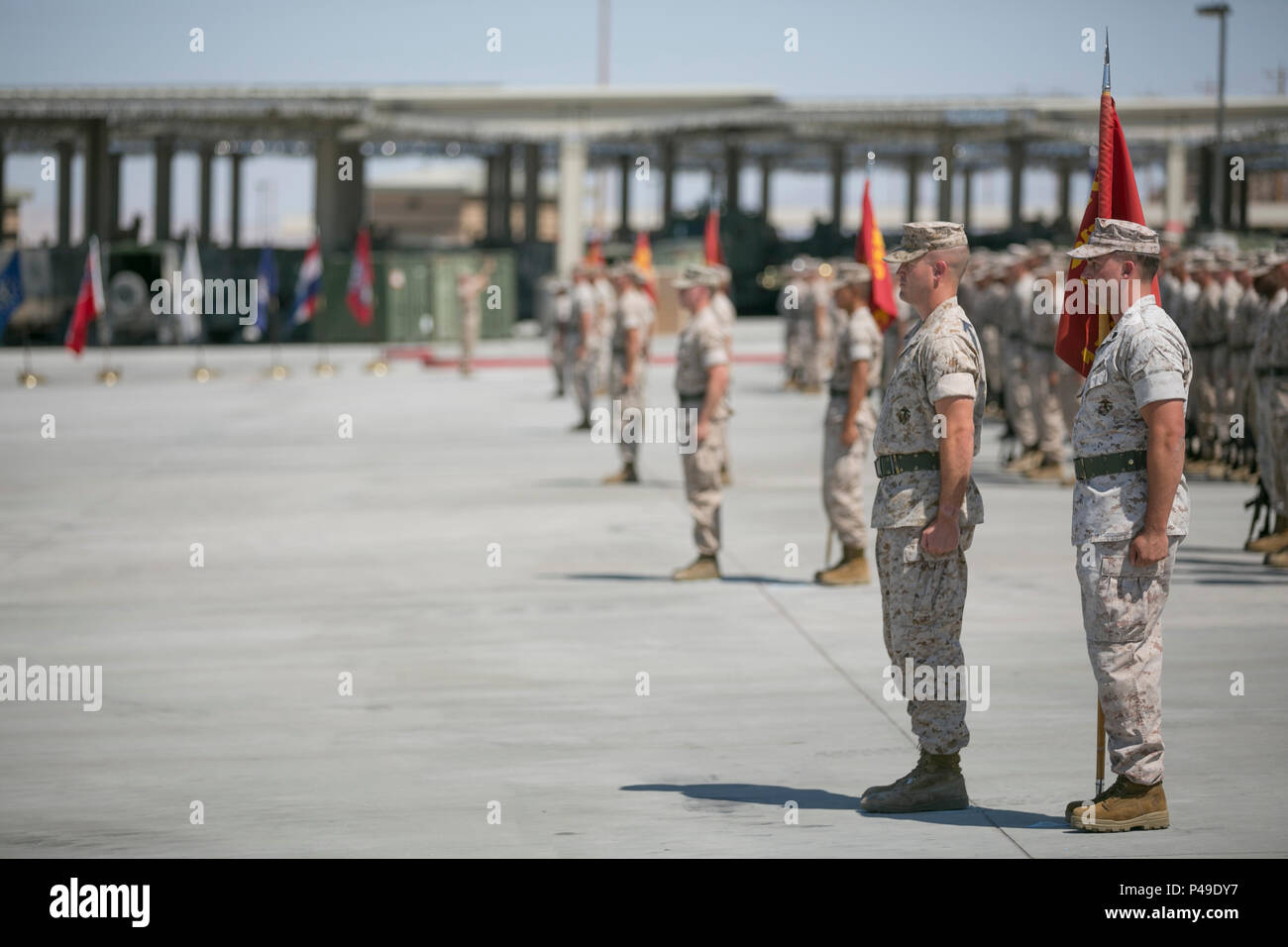 Marines of 1st Tank Battalion stand at attention during the battalion’s ...