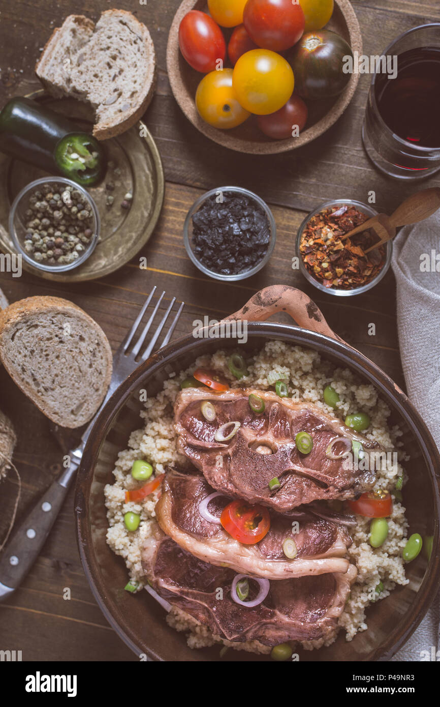 Lamb Loin Chops Freshly Roasted with Soybean and Couscous in Rustic ...