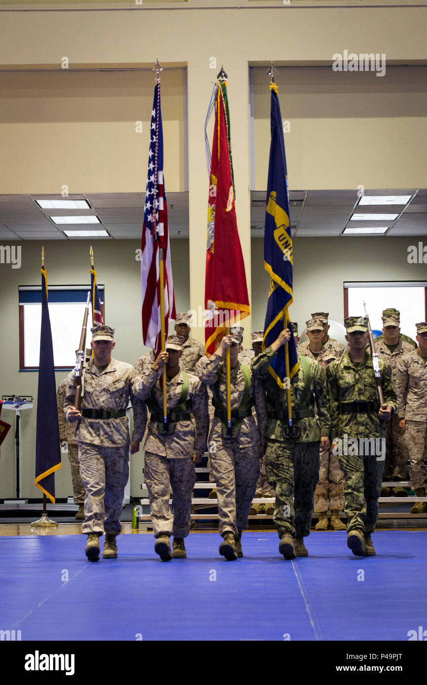 The 5th Marine Expeditionary Brigade Color Guard marches to their ...