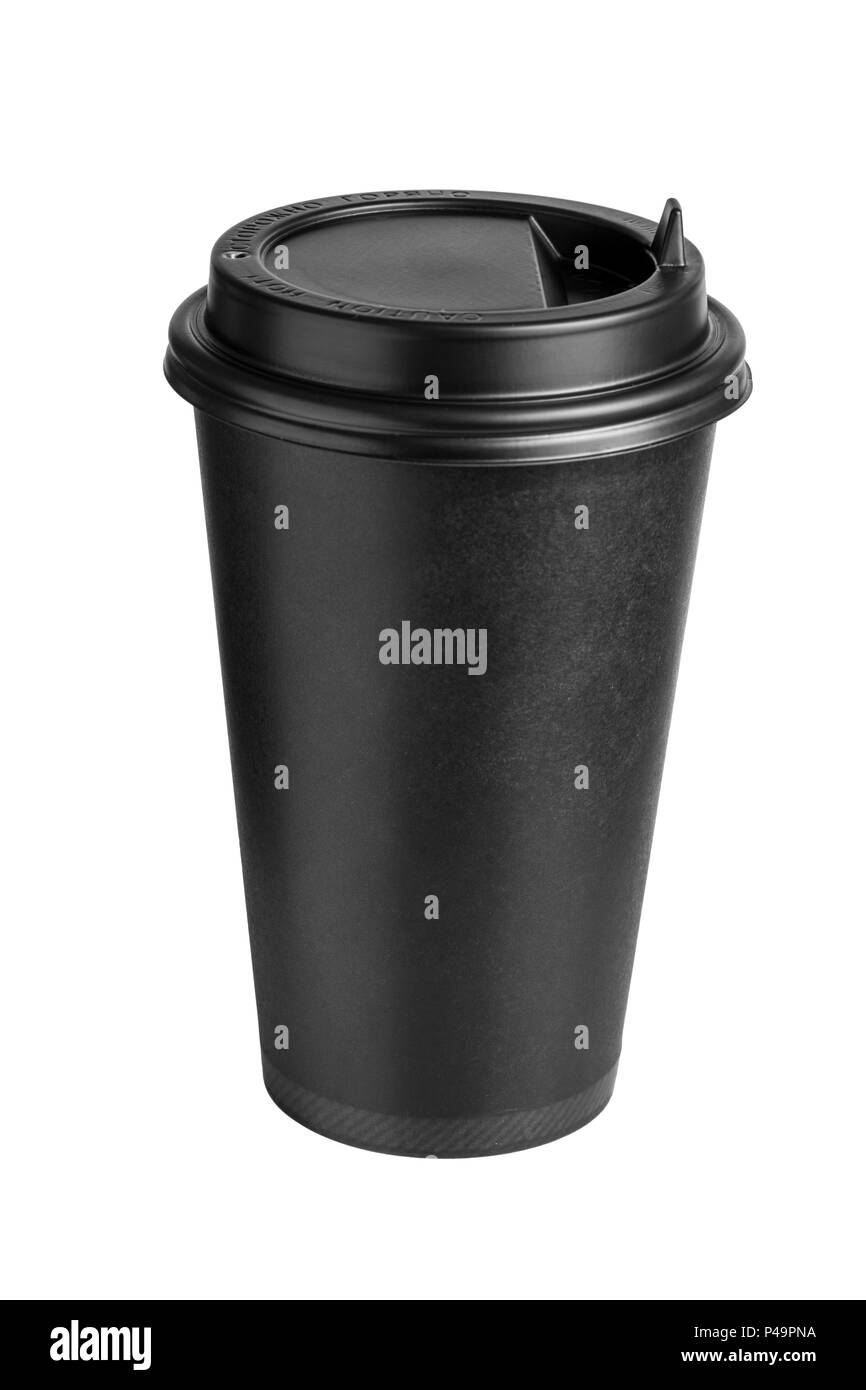 Upper-Front view of cardboard black coffee cup with lid isolated on ...
