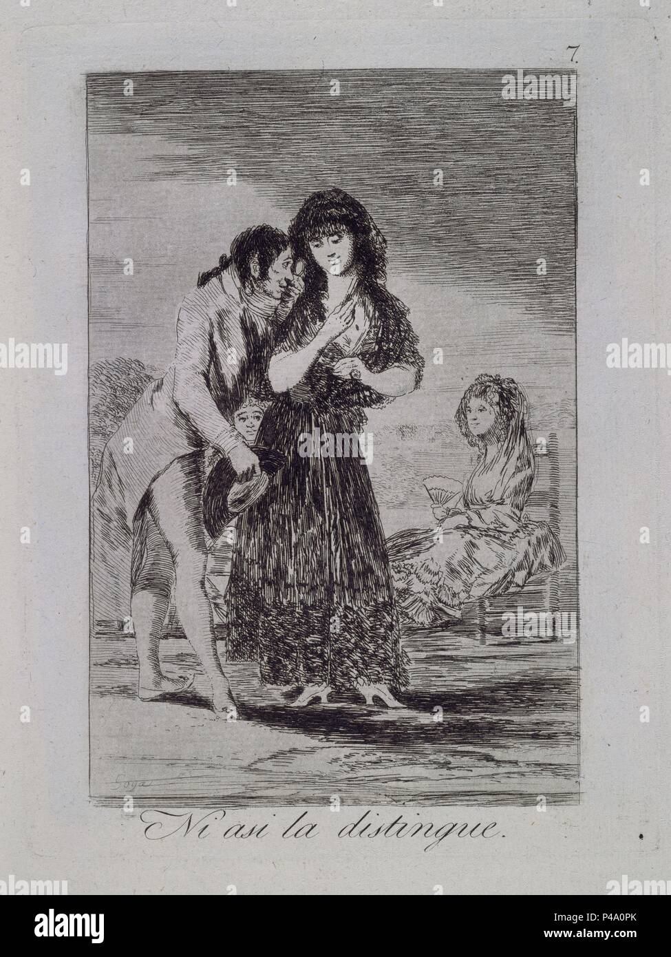 The Caprices, plate 7. 'Even thus he cannot make her out (Ni así la ...