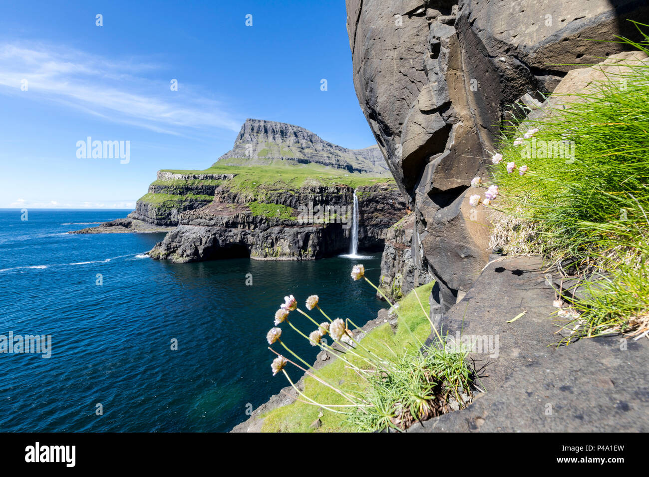 Mulafossur Waterfall in summer, Gasadalur, Vagar Island, Faroe Islands ...