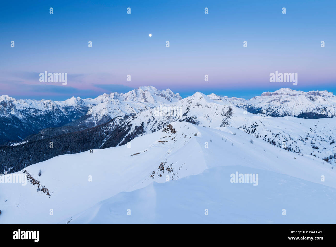 Marmolada and Piz Boè at dusk Europe, Italy, Veneto, Belluno district ...