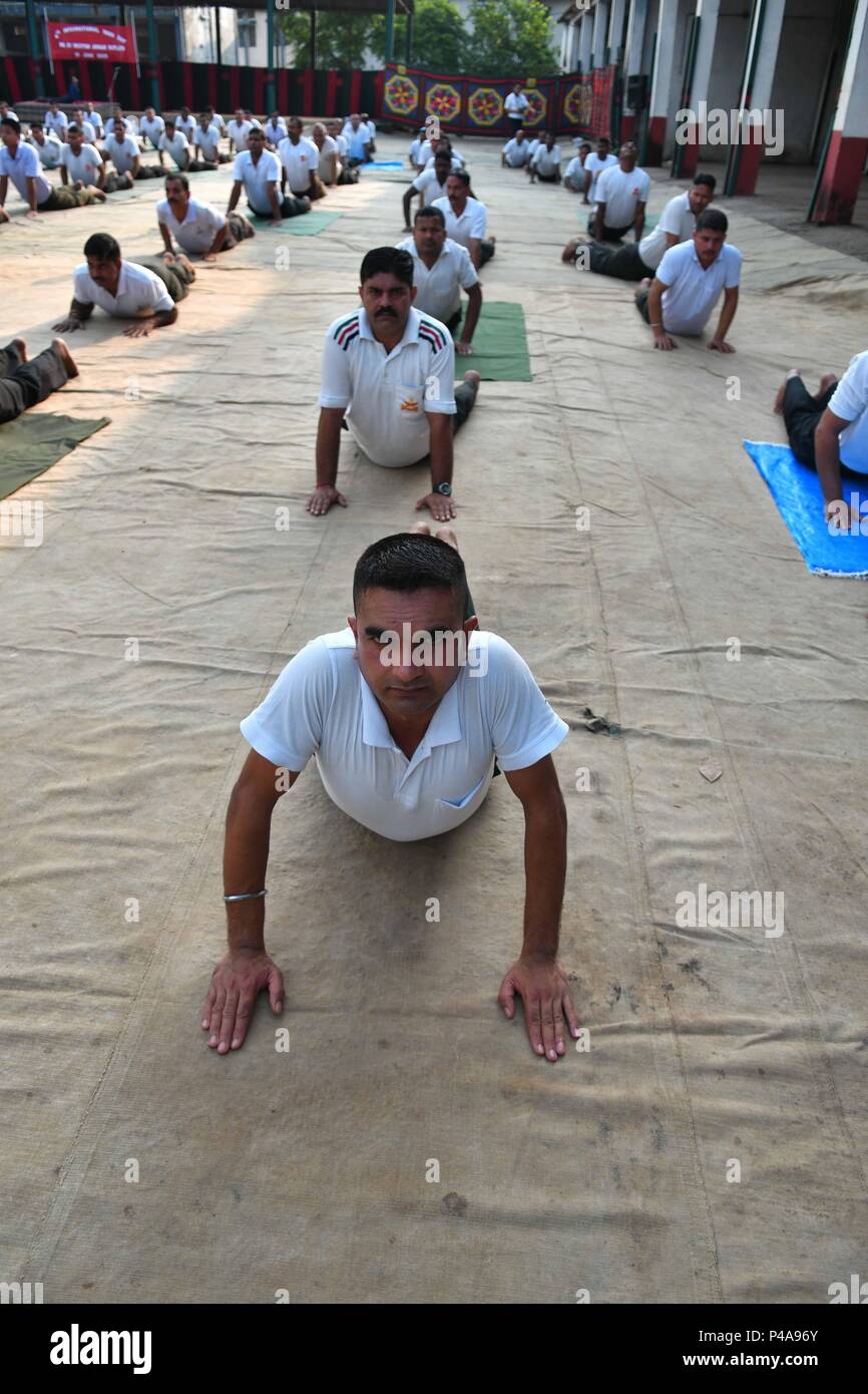 Members of the military force stretching out on their bellies during ...