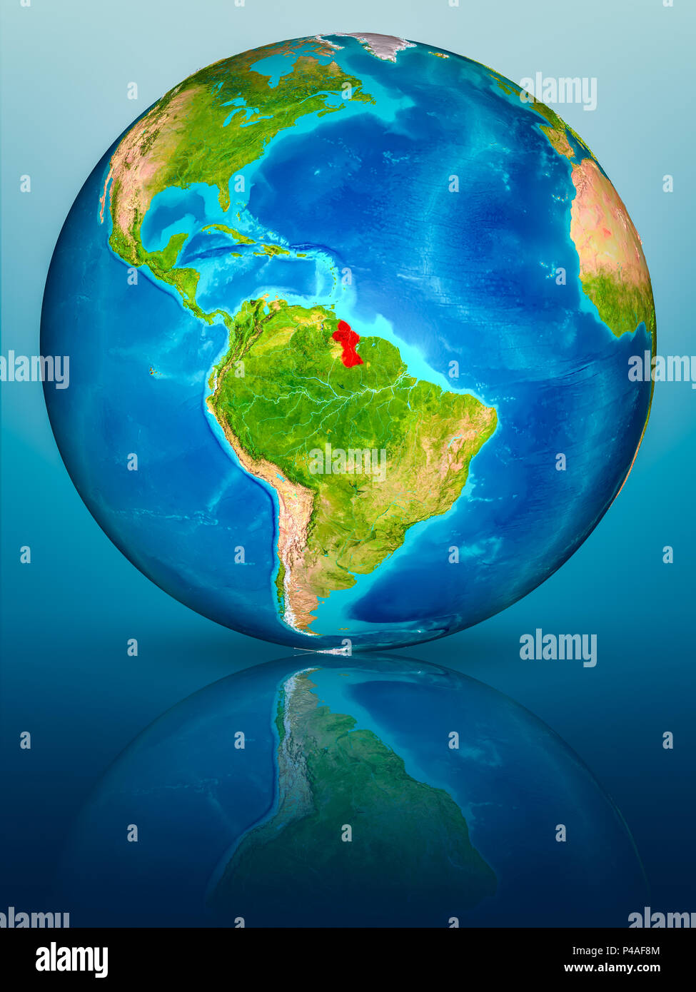 Guyana in red on model of planet Earth on reflective blue surface. 3D illustration. Elements of ...