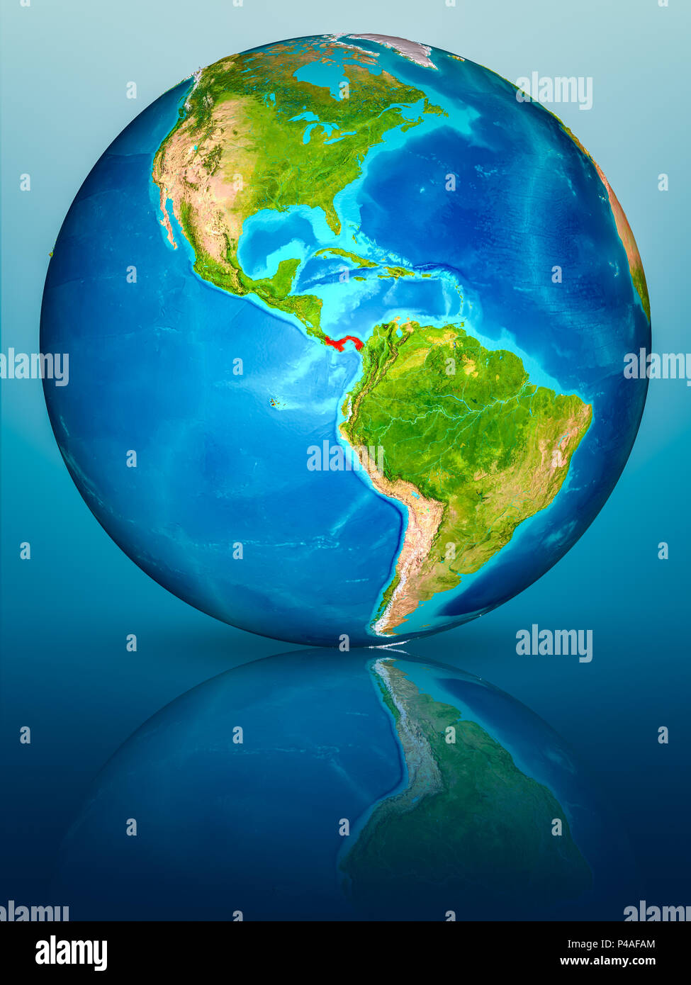 Panama in red on model of planet Earth on reflective blue surface. 3D illustration. Elements of ...