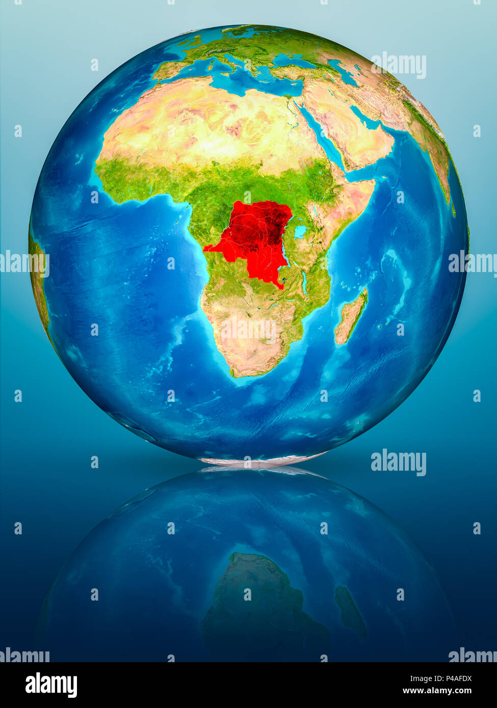 Democratic Republic of Congo in red on model of planet Earth on reflective blue surface. 3D ...
