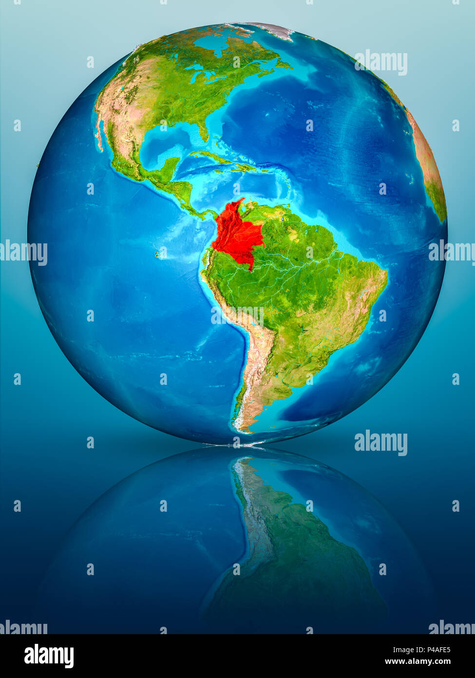 Colombia in red on model of planet Earth on reflective blue surface. 3D ...