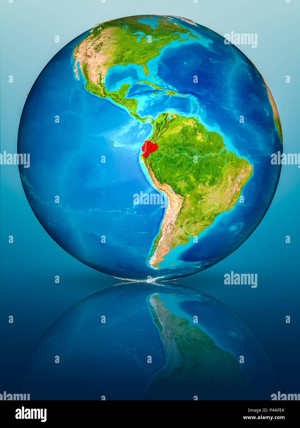 Ecuador in red on model of planet Earth on reflective blue surface. 3D ...