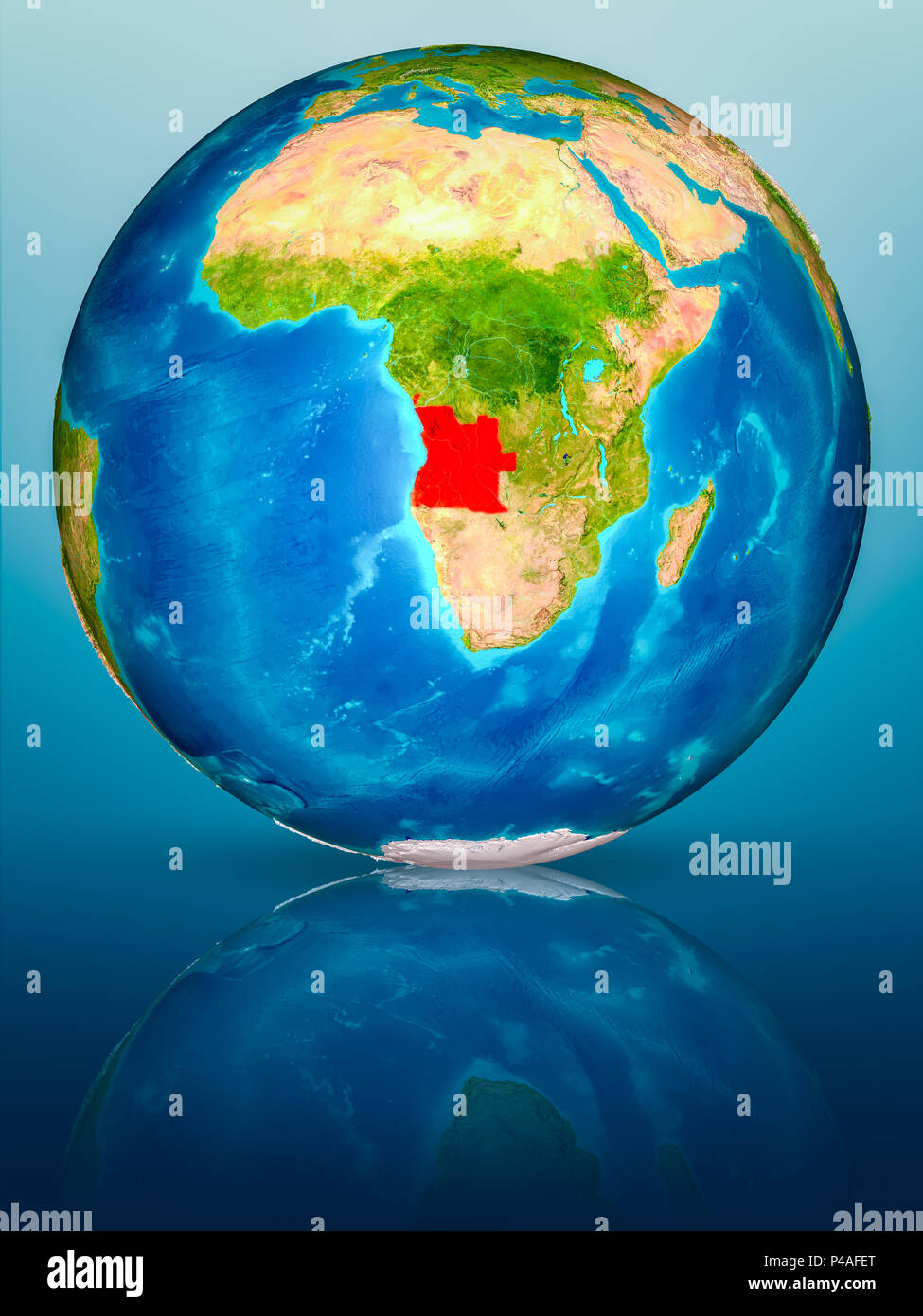 Angola in red on model of planet Earth on reflective blue surface. 3D illustration. Elements of ...