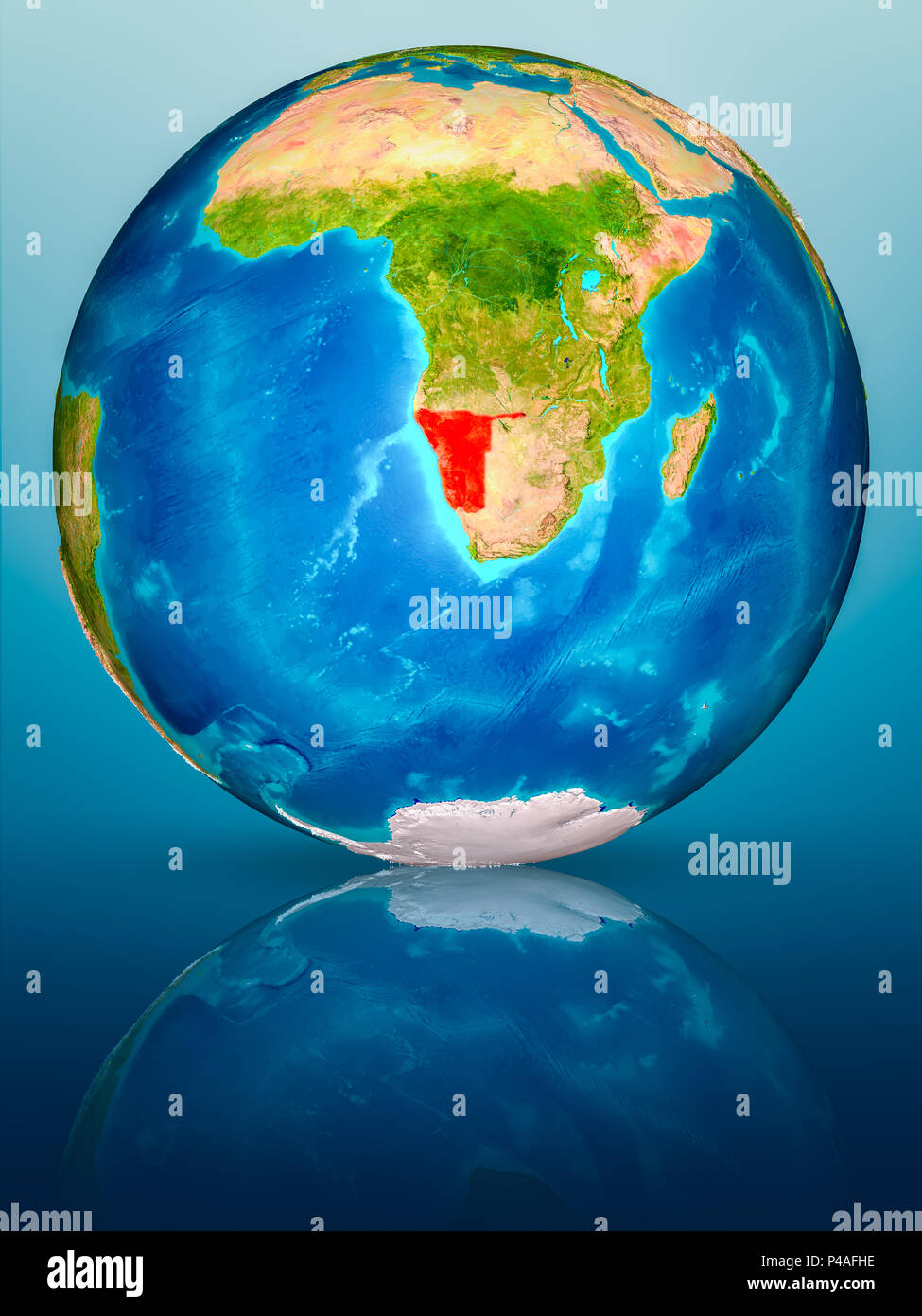 Namibia in red on model of planet Earth on reflective blue surface. 3D illustration. Elements of ...