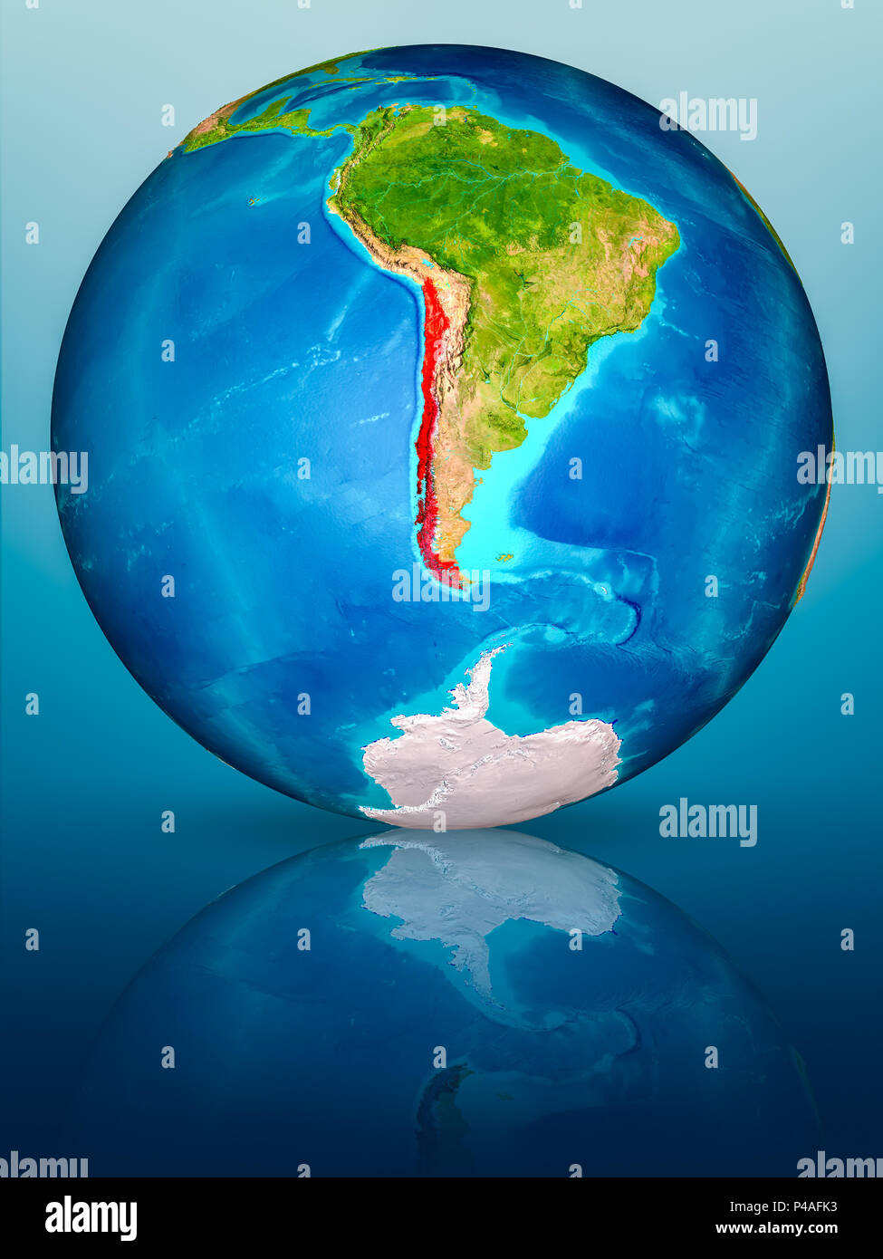 Chile in red on model of planet Earth on reflective blue surface. 3D ...