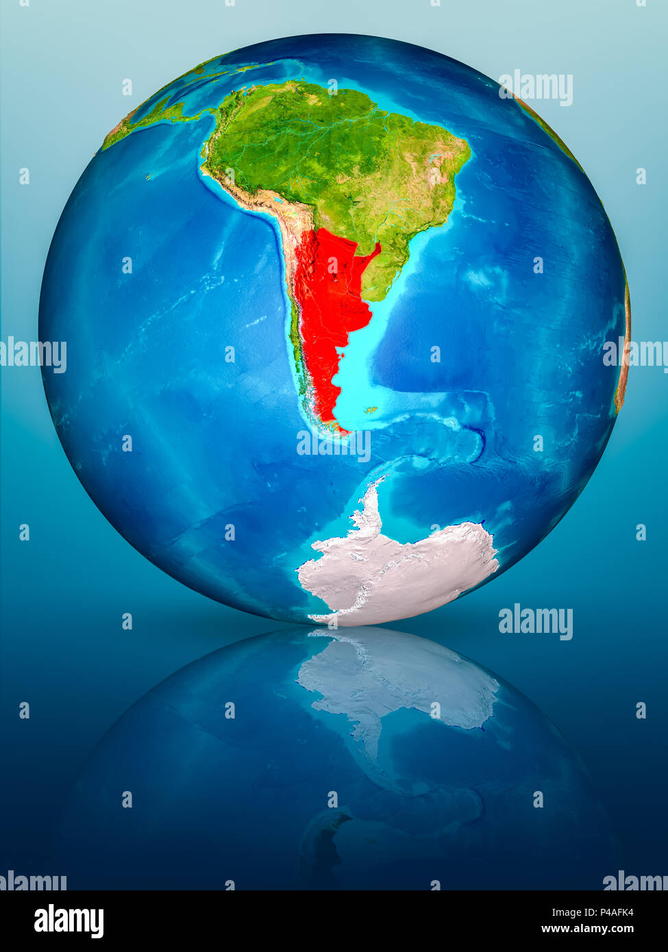 Argentina in red on model of planet Earth on reflective blue surface. 3D illustration. Elements ...