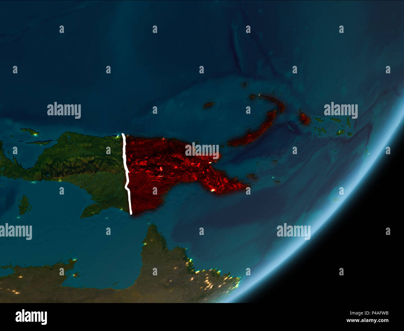 Papua New Guinea as seen from Earth’s orbit on planet Earth at night highlighted in red with ...