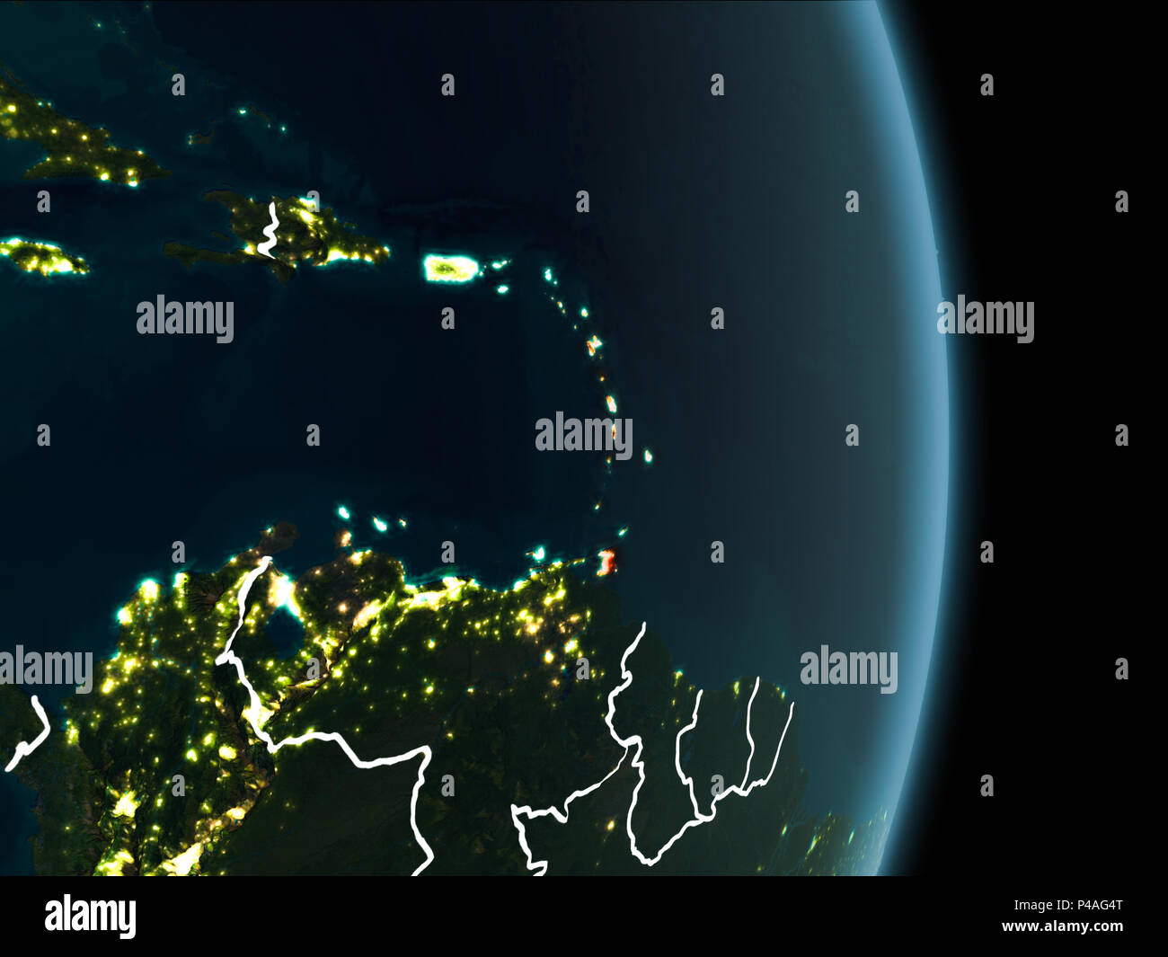 Map of Caribbean in red as seen from space on planet Earth at night ...