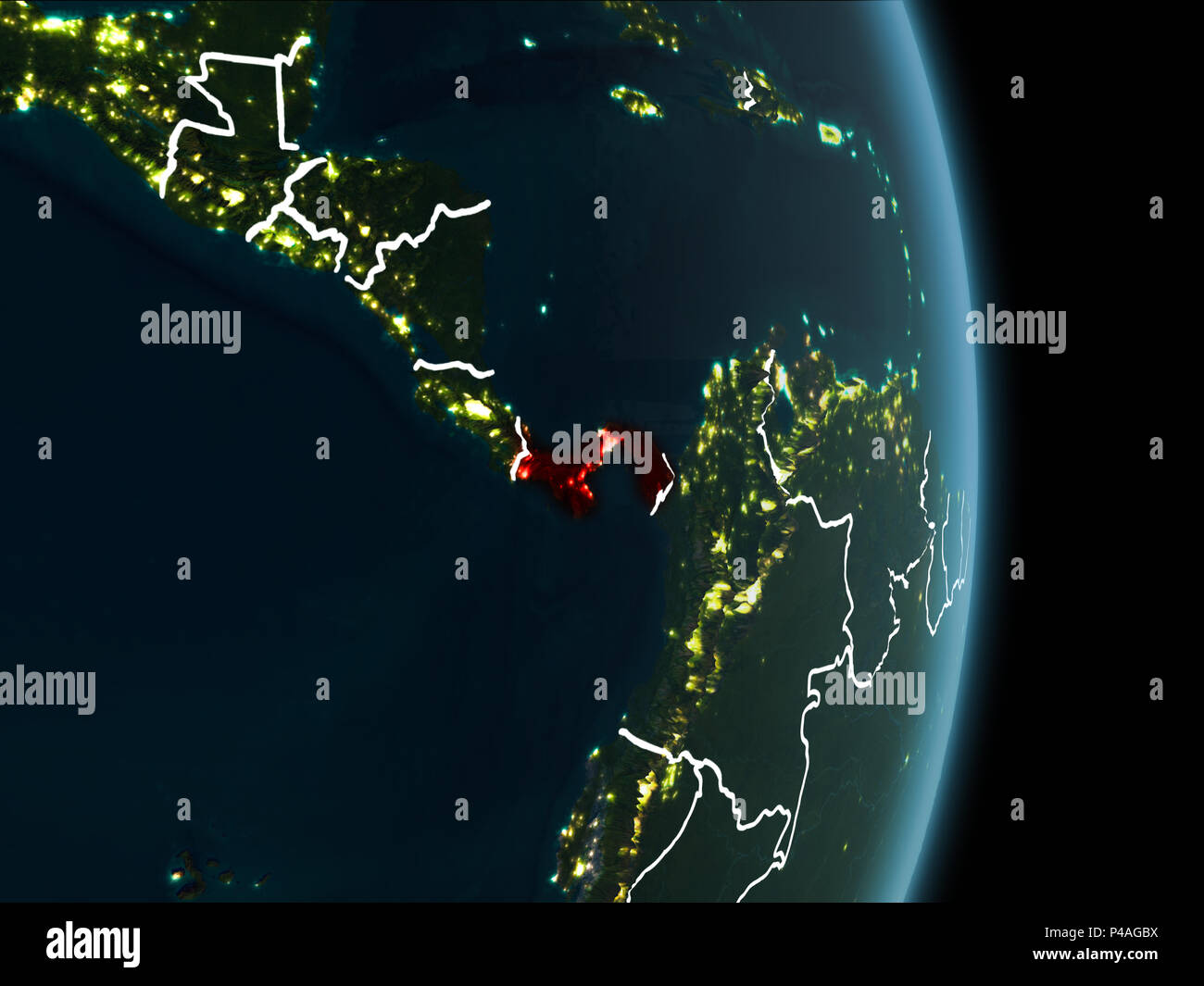 Map of Panama in red as seen from space on planet Earth at night with ...