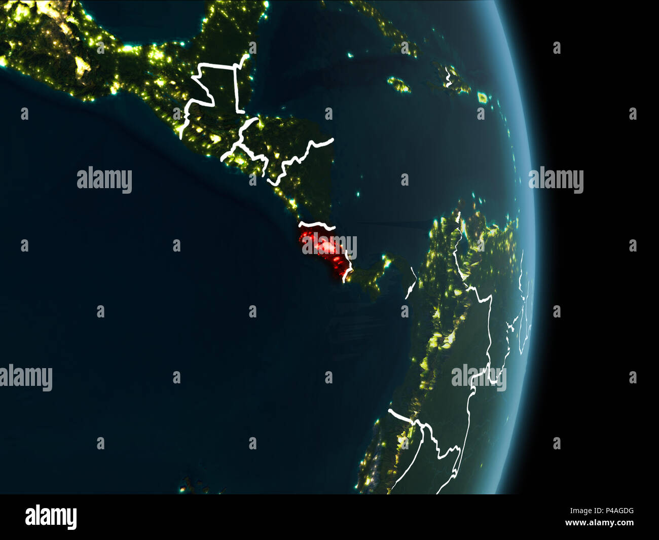 Map of Costa Rica in red as seen from space on planet Earth at night ...