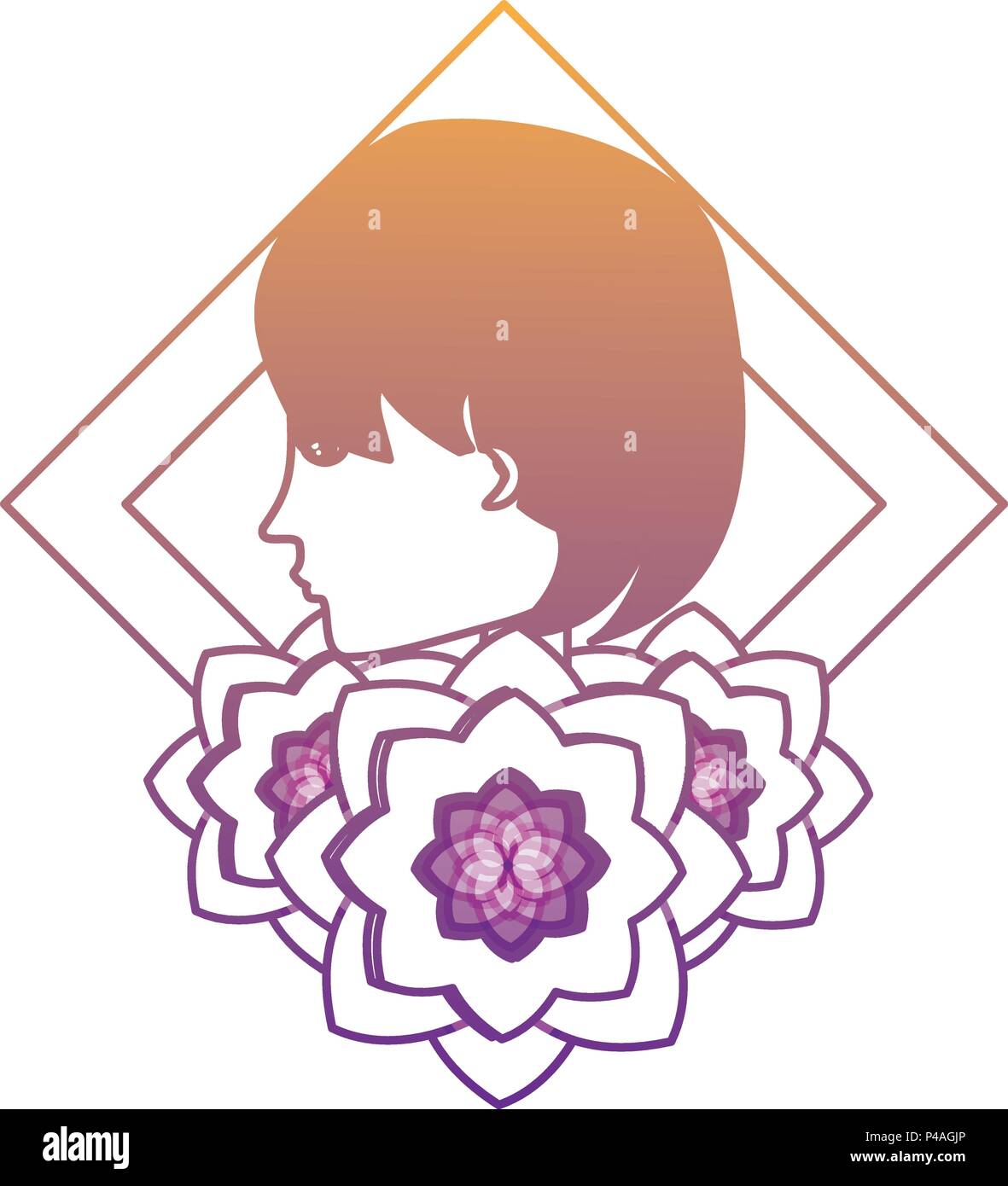 decorative frame with flowers and profile of woman icon over white ...