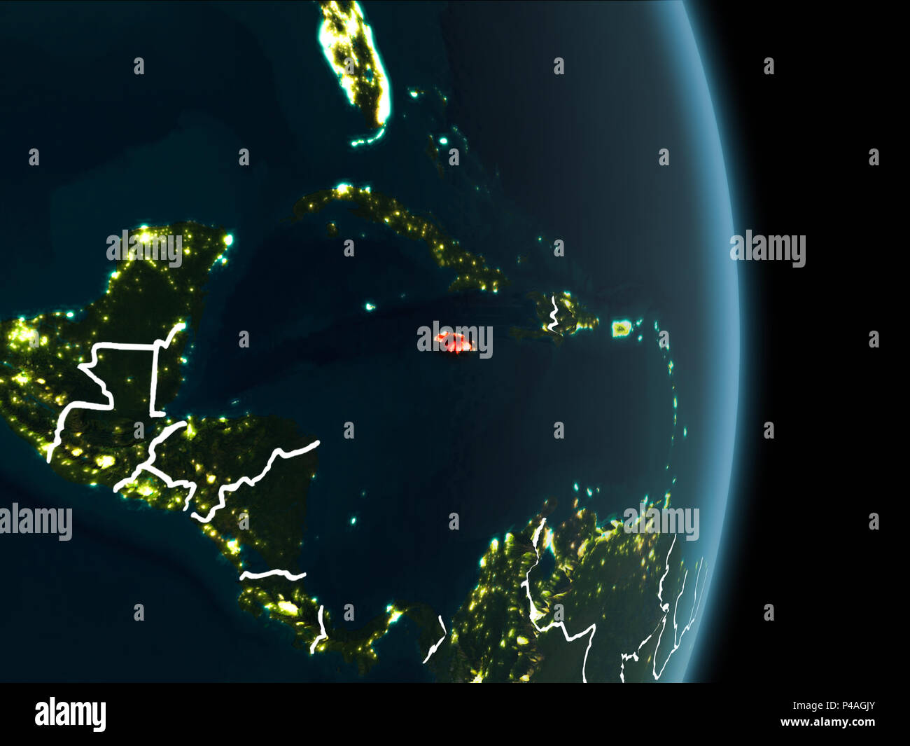 Map of Jamaica in red as seen from space on planet Earth at night with ...