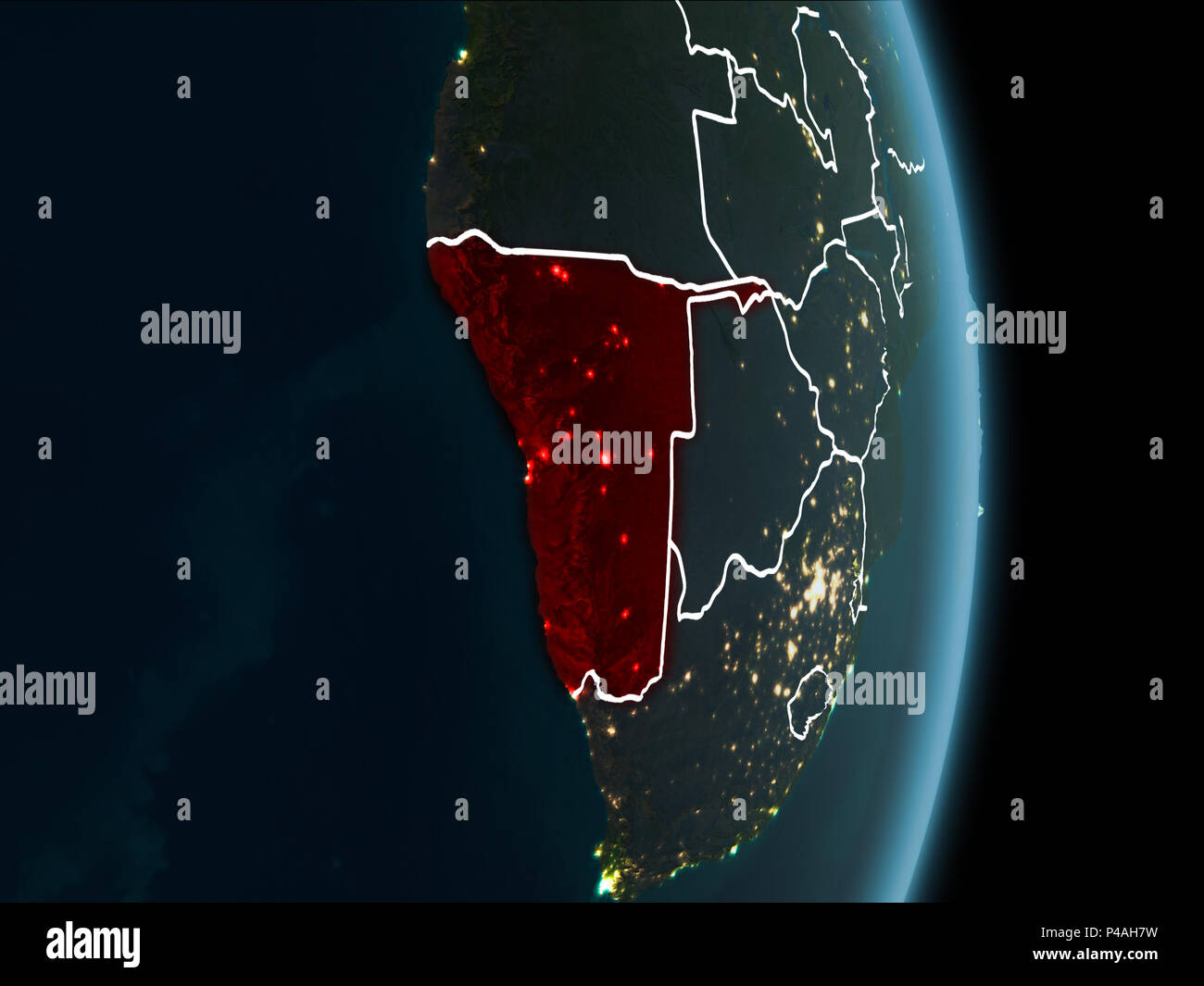Map of Namibia in red as seen from space on planet Earth at night with ...