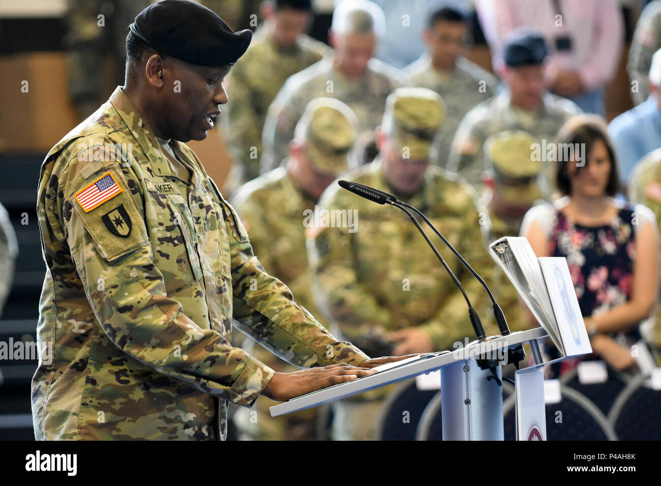 Chaplain (Col.) Sherman Baker gives the innovation at the Regional Health Command Europe change ...