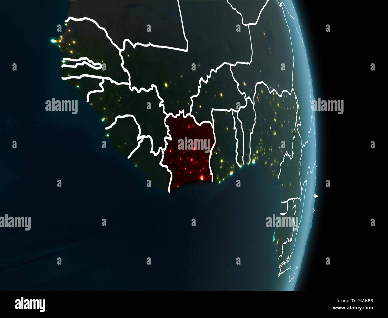 Map of Ivory Coast in red as seen from space on planet Earth at night ...