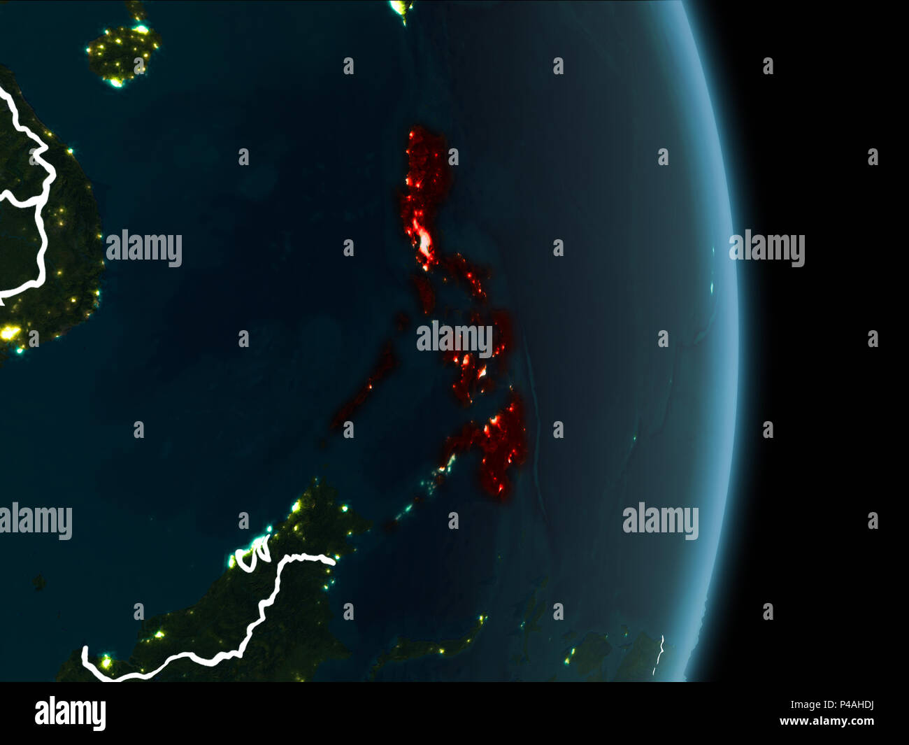 Map of Philippines in red as seen from space on planet Earth at night ...