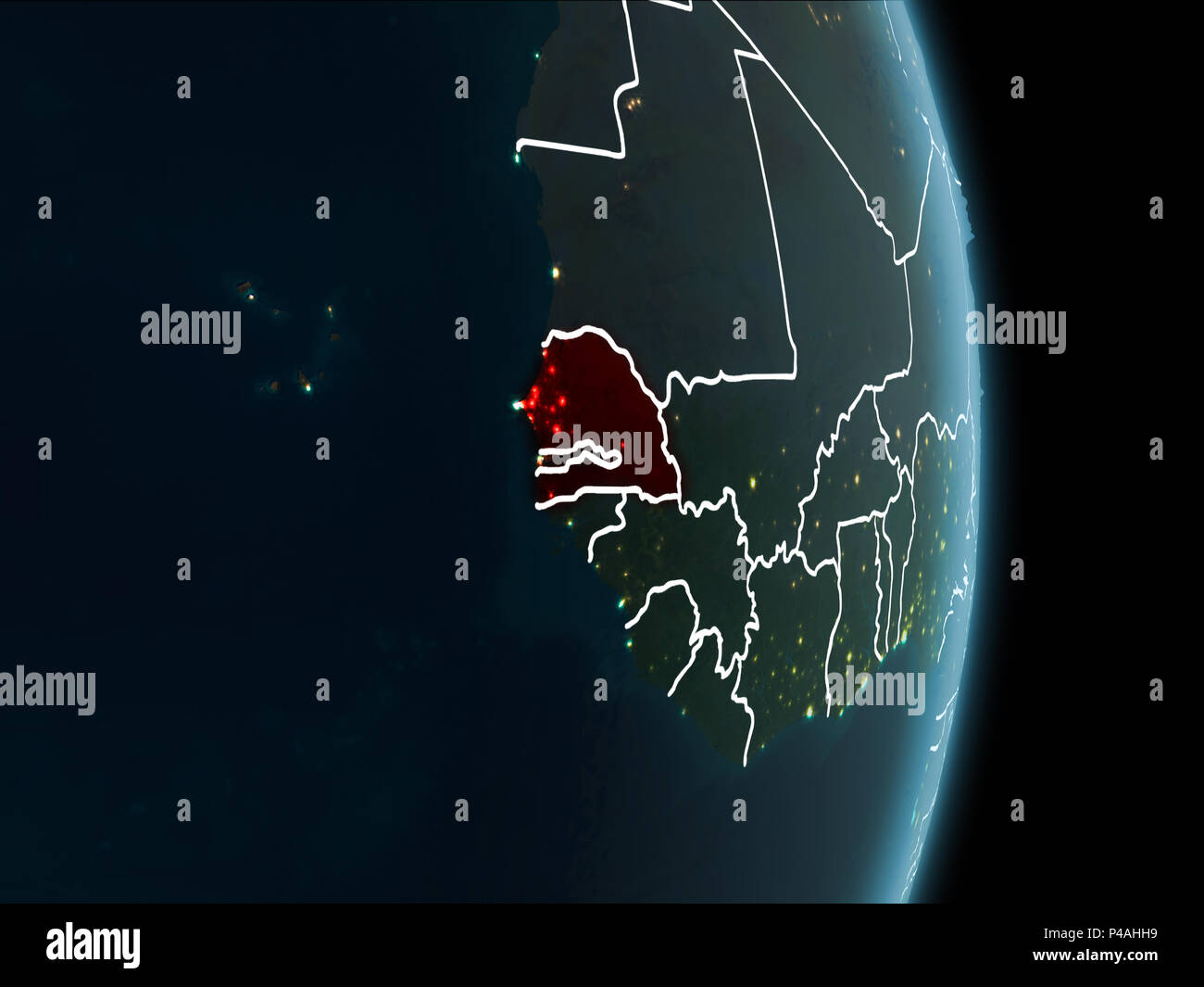 Map of Senegal in red as seen from space on planet Earth at night with ...