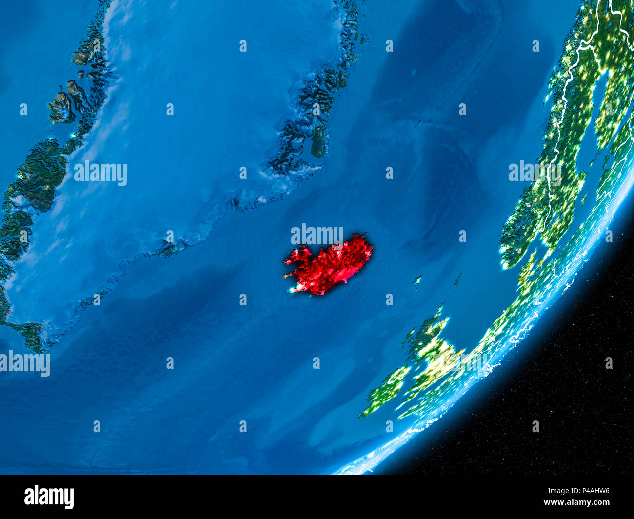 Iceland in red on planet Earth at night with visible borderlines and city lights. 3D ...