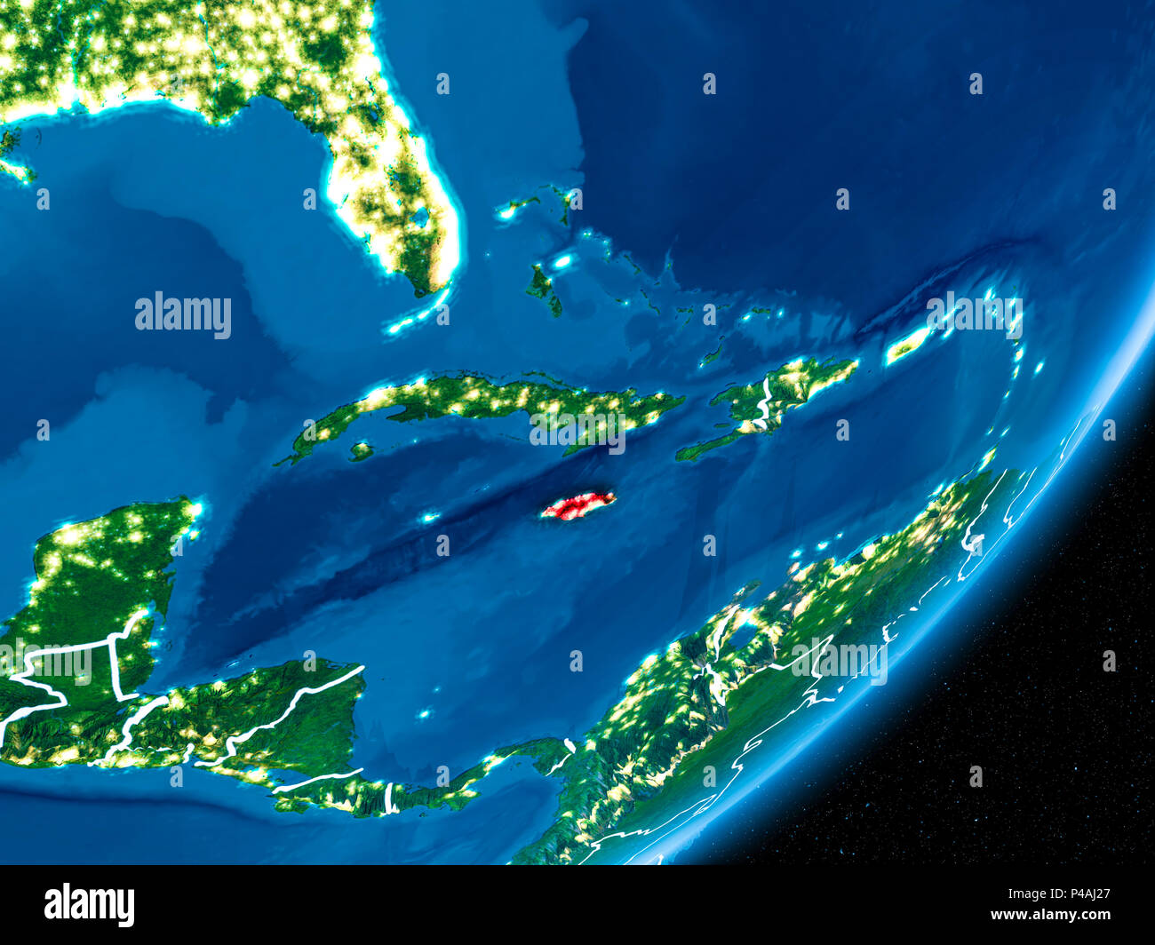 Jamaica in red on planet Earth at night with visible borderlines and ...