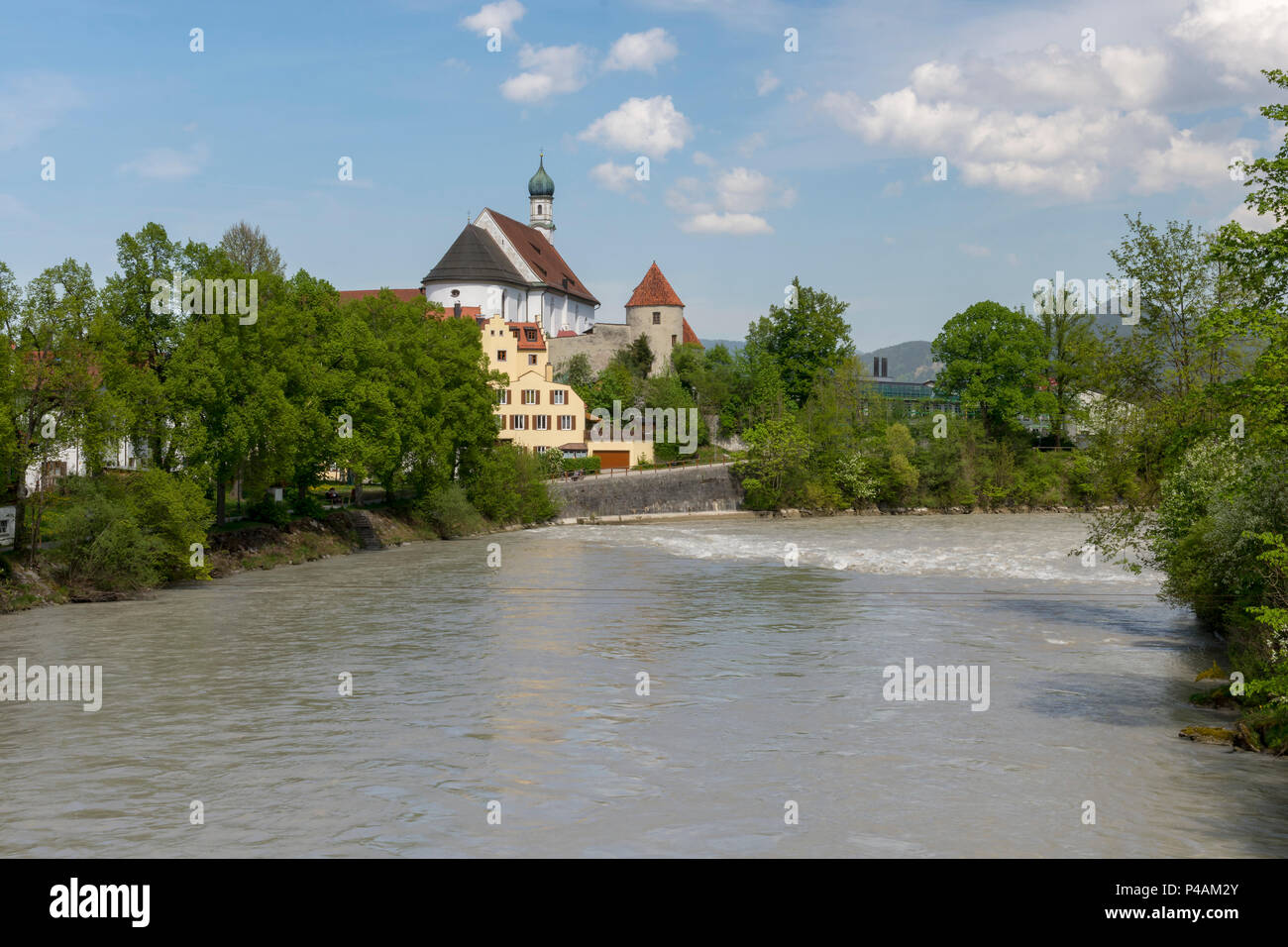 The river Lech in Germay in spring time with Franziskanerkloster in the ...