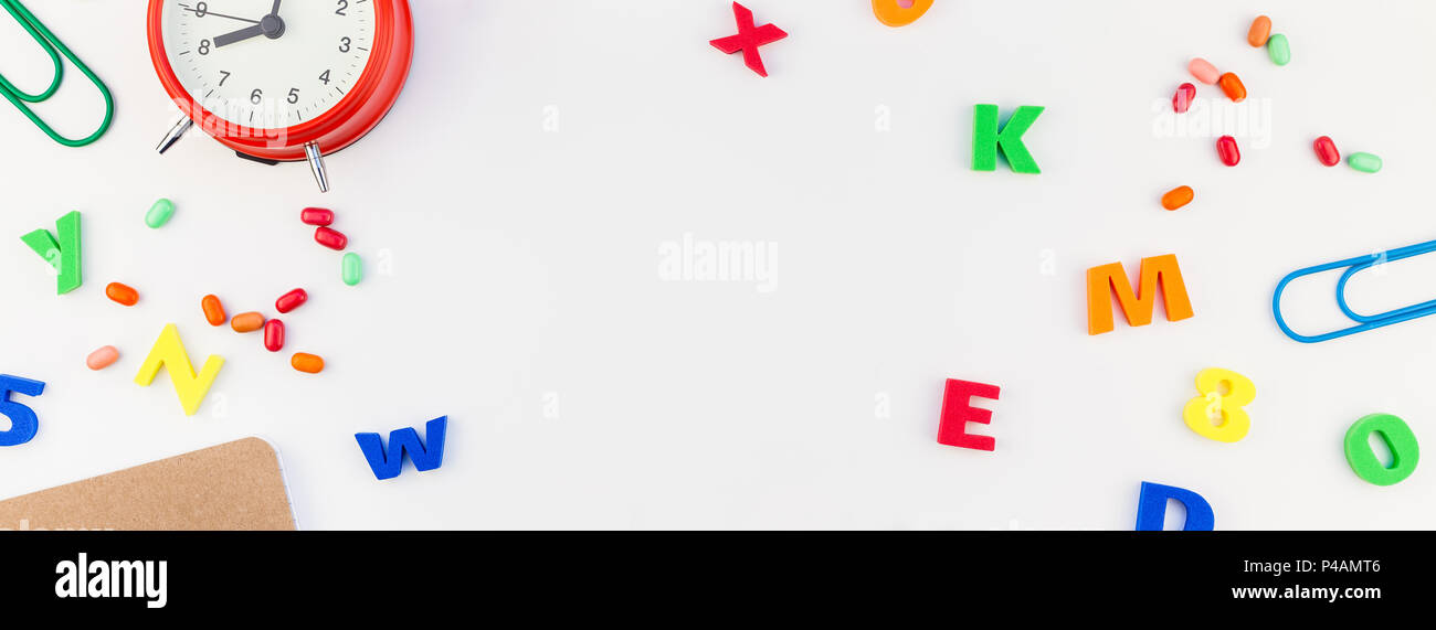 Long wide banner back to school concept with alarm clock, color school ...