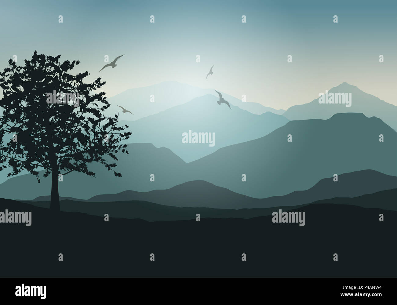 Landscape background with trees and birds Stock Photo - Alamy