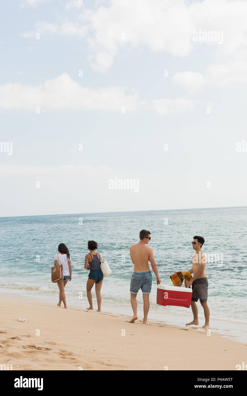 Male friends carrying esky in the beach Stock Photo - Alamy