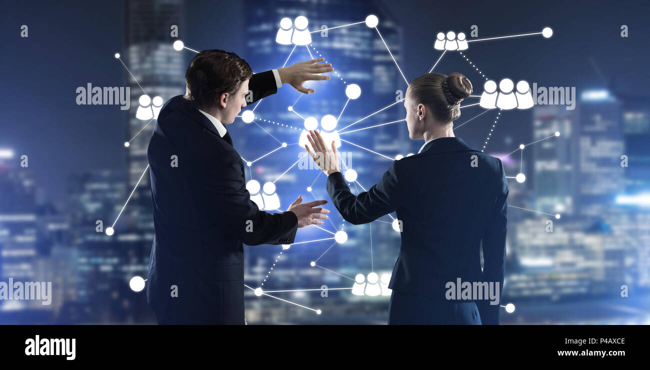 Concept of social connection and networking against night city view and ...
