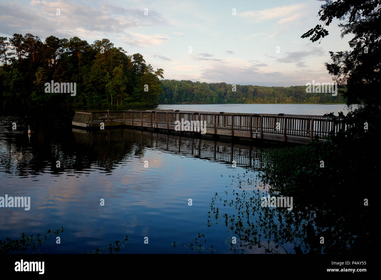 A pier stretches out into the water at Lake Raleigh in Raleigh North ...