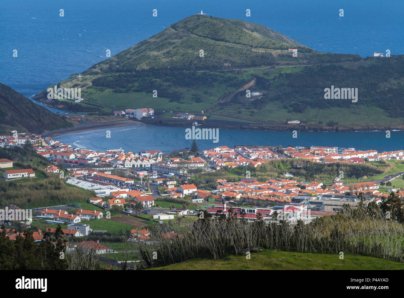 Portugal, Azores, Faial Island, Horta, elevated view of Porto Pim and ...