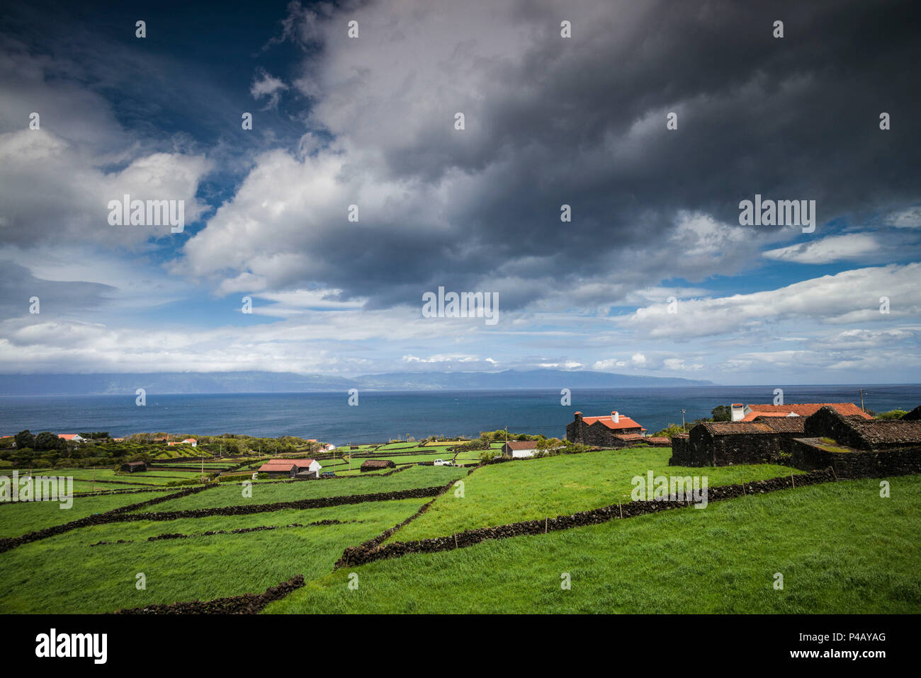 Portugal, Azores, Pico Island, Prainha de Baixo, town fields landscape ...