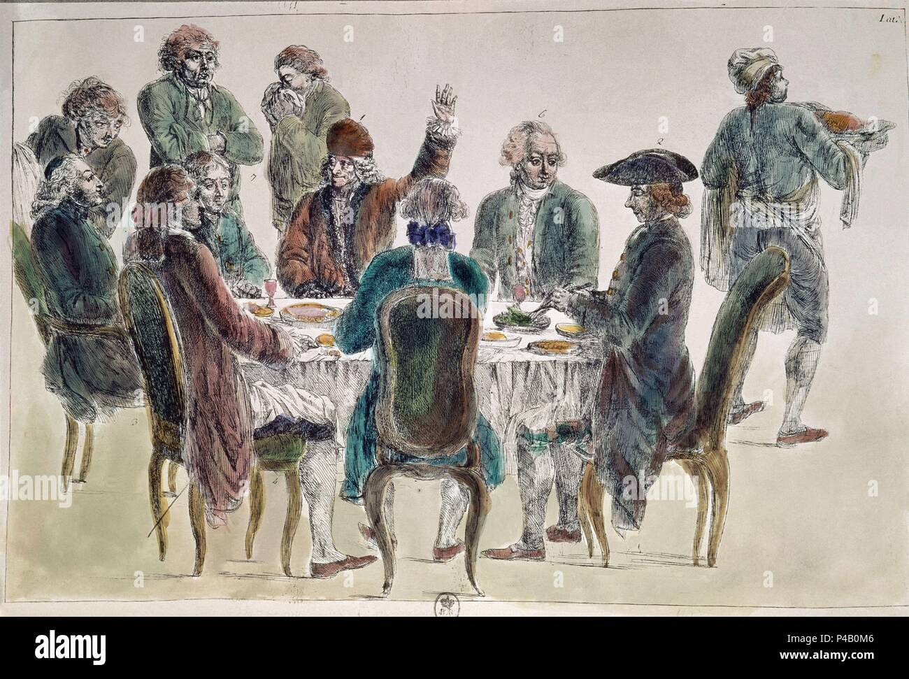The Encyclopaedists' Dinner - 1772/73 - engraving. Author: Jean Huber ...