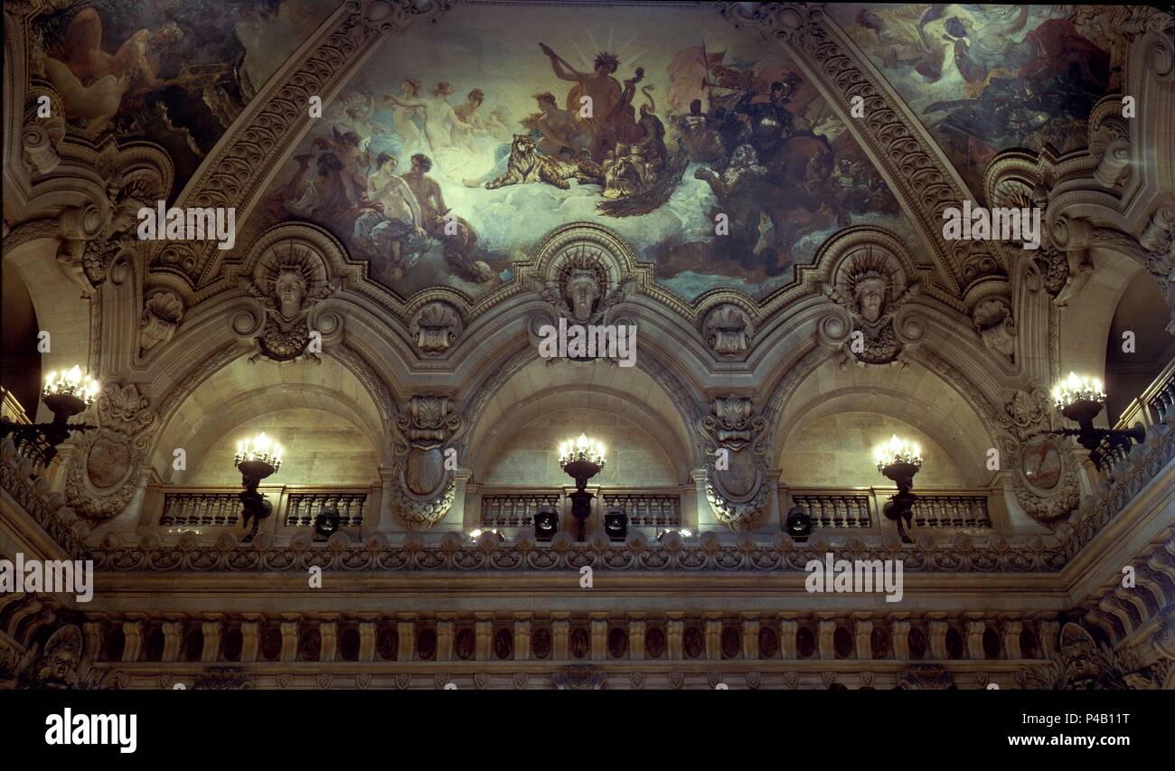French school. Ceiling of the Opera Garnier hall in Paris. 19th century ...