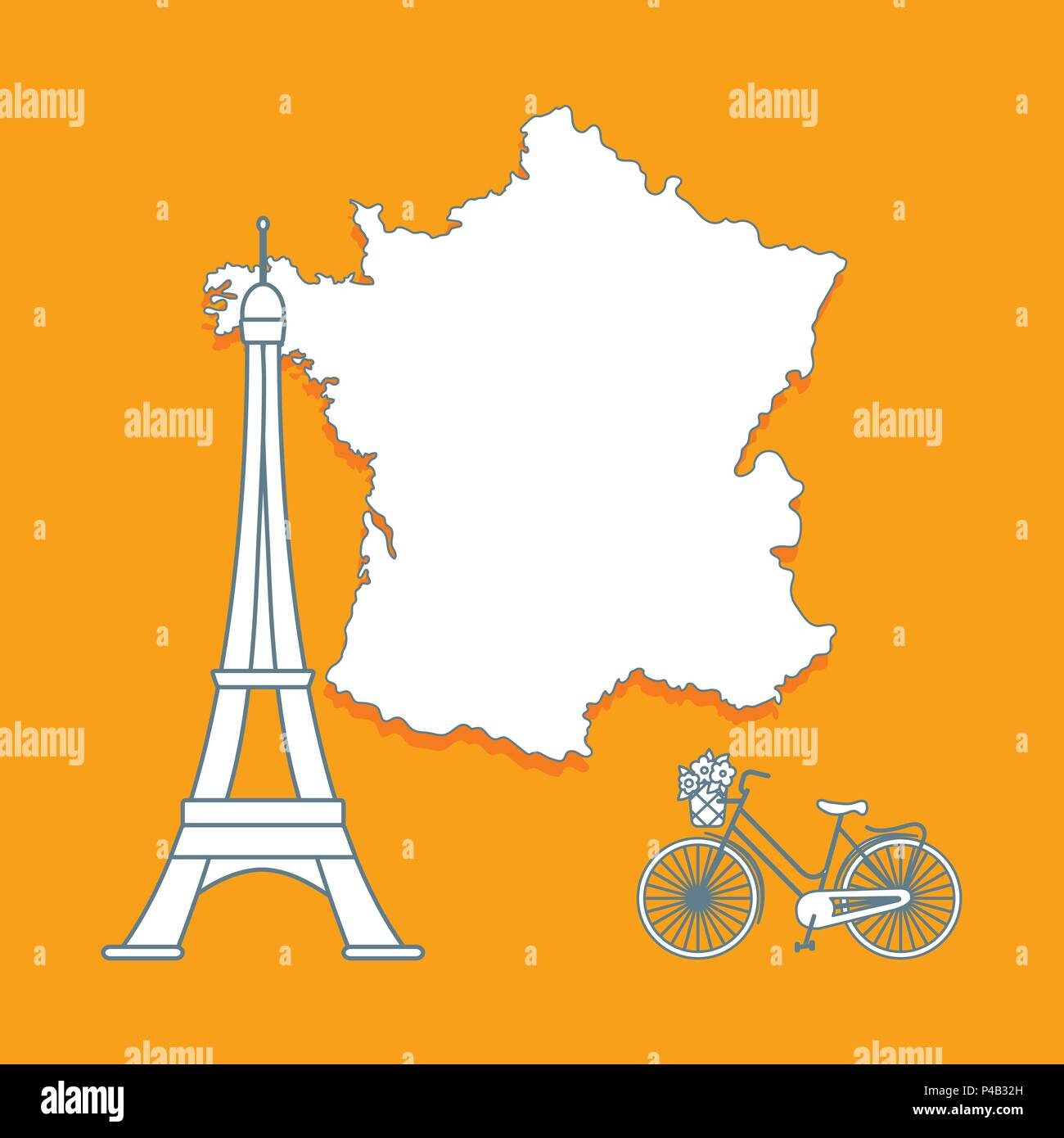 Map of France, famous tower of Paris, bicycle with a basket of flowers ...