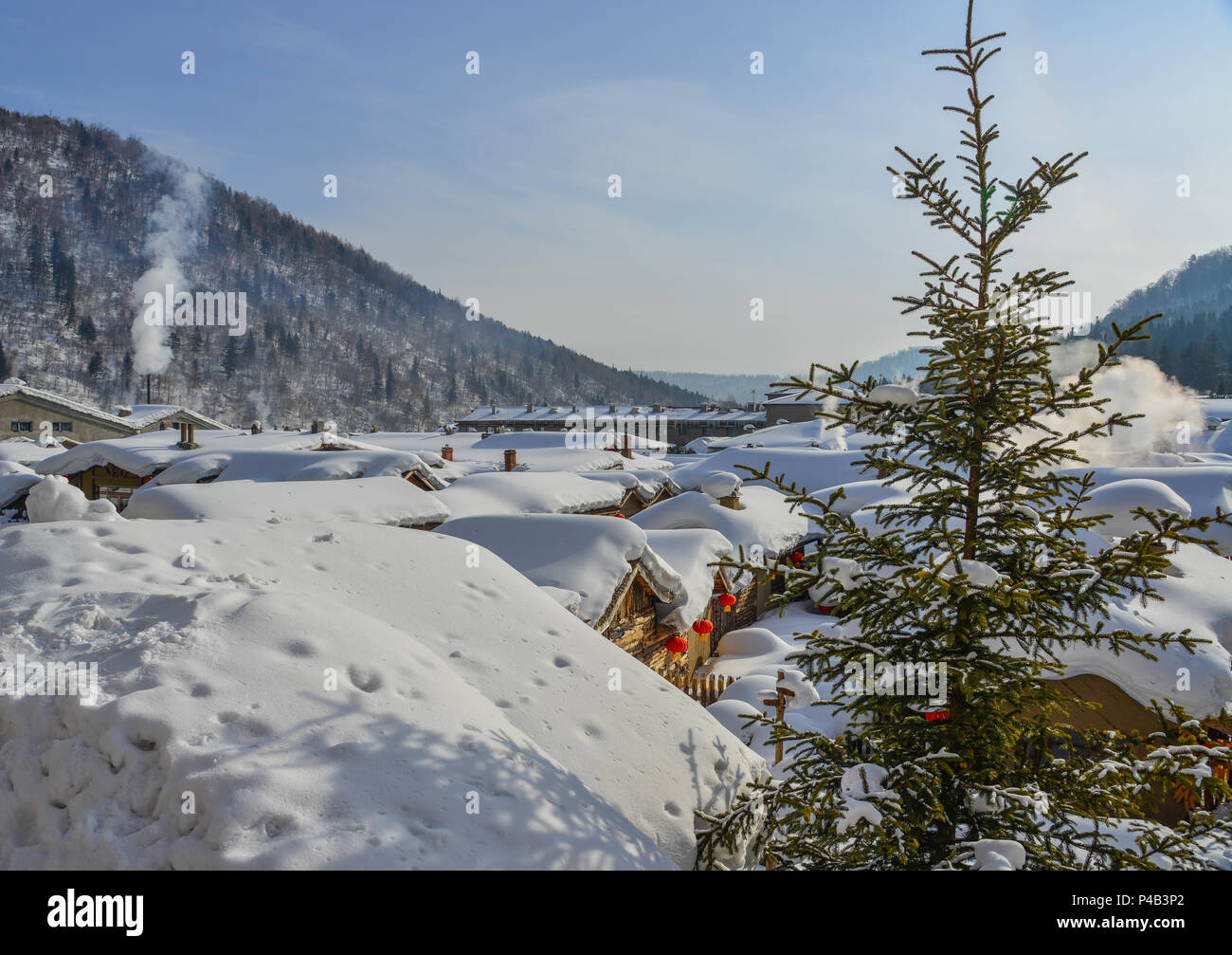 Snow village at sunny day in Mohe County, Northernmost China Stock ...